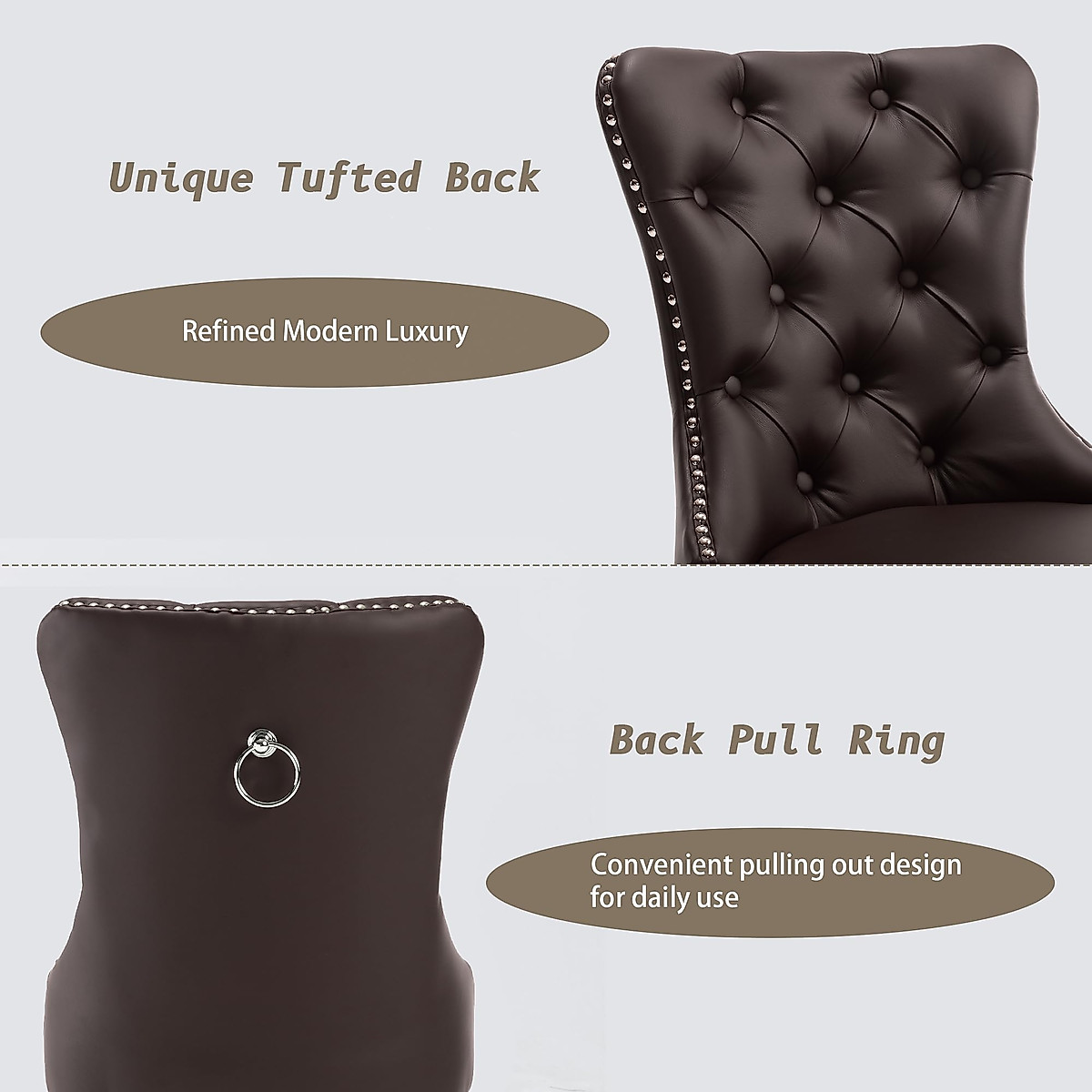 KCC Faux Leather Dining Chairs Set of 4, Upholstered High-end Tufted Dining Room Chair with Nailhead Back Ring Pull Trim Solid Wood Legs, Contemporary Nikki Collection Modern Style for Kitchen, Brown
