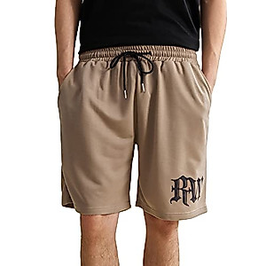 OYOANGLE Men's Letter Graphic Elastic Drawstring Waist Athletic Track Shorts with Pockets Khaki Graphic S