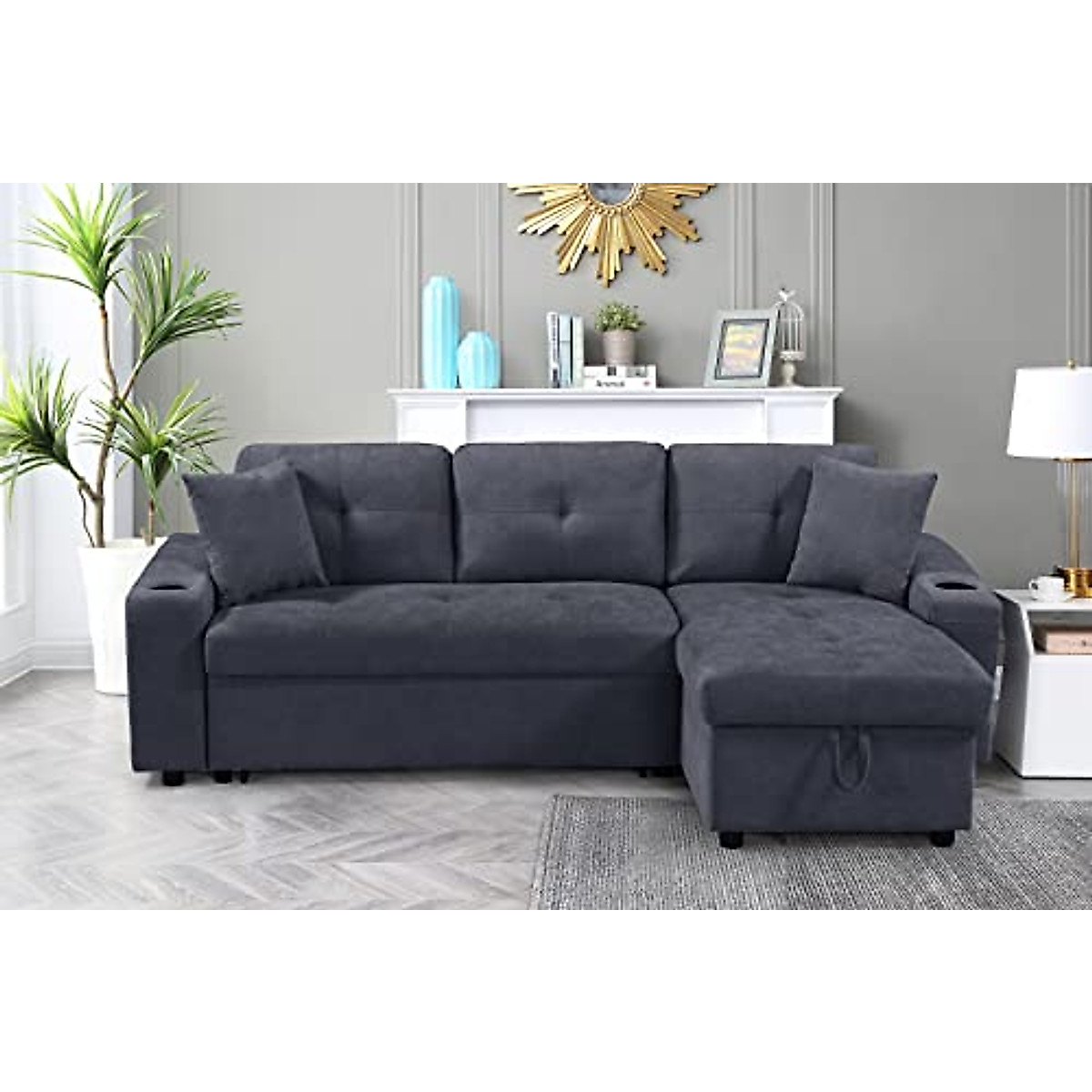 BIADNBZ Reversible Sleeper Sofa Bed 2 in 1 Pull Out Couch with Storage Chaise 2 Cup Holders Two Side Pockets and Pillows for Living Room, Dark Grey