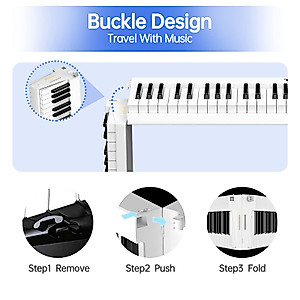 Folding Piano Keyboard, 88 Keys Full Size Semi-Weighted Foldable Piano, Support MIDI Bluetooth Portable Piano with LCD Screen Sheet Music Stand Sticker Sustain Pedal for Beginners Kids (White)