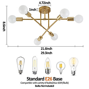 YXTH Semi Flush Mount Ceiling Light Fixture, 6 Lights Modern Sputnik Chandelier Ceiling Lamp with E26 Bulb Base, Light Fixtures Ceiling Mount for Bedroom Kitchen Living Room Hallway (Gold)