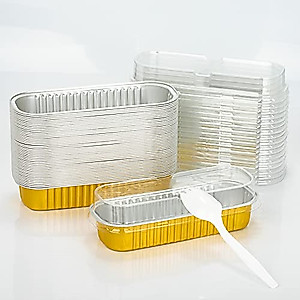 MOACOCK Aluminum Mini Loaf Pans, Aluminum Foil Pans with Lid, 6.8oz Disposable Rectangle Baking Containers Muffin Baking Tins Mini Cake Pans, 100 Pack Pans/Lids/Spoons (Red)