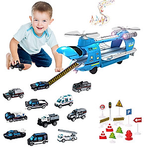 Airplane Toys with Music and Light Police Theme Transport Cargo Airplane Toy Play Set with 12 Road Sign Toy and 12 Alloy Vehicle Car Toy for 3 4 5 6 7 Year Old Boys and Girls Best Birthday Gift (Blue)