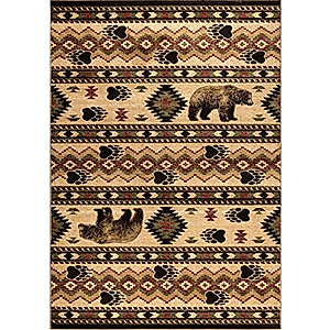 GAD Great American Distributors Cabin Lodge Tribal Southwestern Cozy Area Rug - Beige, Brown, Red - Animal Themed, Bear - Living Room Rug - Hallway, High Traffic - Stain Fade Resistant (5'3"x 7'6")