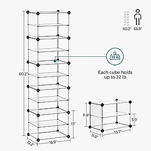 SONGMICS Shoe Rack, 10-Slot Storage Organizer Unit with Doors, Portable Cube Shoe Storage Organizer, Plastic Modular DIY Storage Shelf, Closet Divider for Clothes Bags Toys, Transparent ULPC506T01