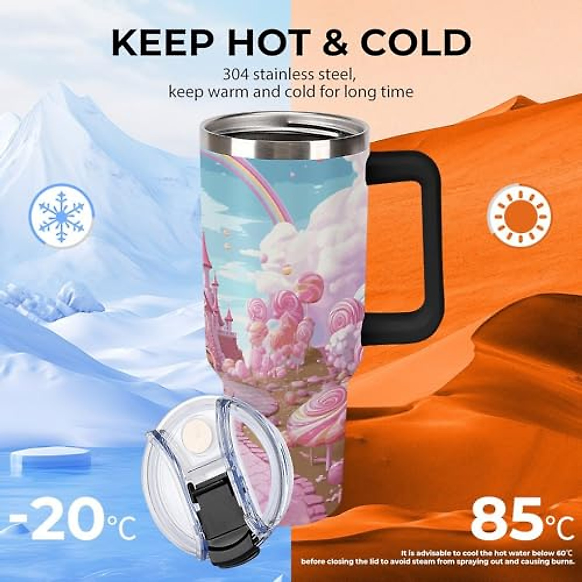 STVNKML 40 Oz Tumbler with Handle Candy Land Stainless Steel Coffee Mug Reusable Travel Mug Leak-proof Insulated Car Cup Large Capacity Tumbler for Travel, Outdoor, Home Use (Black)