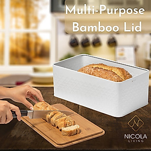 White Bread Box For Kitchen Countertop - Bread Box With Bamboo Wood Cutting Board Lid - Farmhouse White Bread Boxes - Metal Large Bread Box Modern Style To Extend Freshness - Bread Storage Container