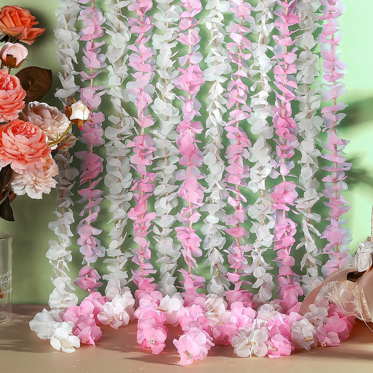 Luinabio 12 Pack 43.2 ft Wedding Artificial Silk Wisteria Vine Fake Hanging Flower Vine Garland Wall Plants Flower String for Home Outdoor Wedding Party Arch Garden Wall Home Decor, White and Pink