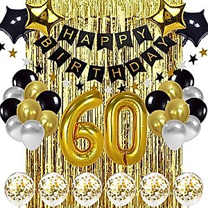 Black and Gold 60th Birthday Decorations Banner Balloon, Happy Birthday Banner, 60th Gold Foil Balloons, Number 60 Birthday Balloons, 60 Years Old Birthday Decoration Supplies