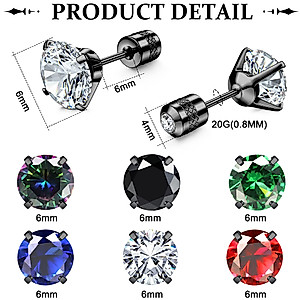 FIBO STEEL 6 Pairs Titanium Screw Back Earrings for Men Women Surgical Stainless Steel Stud Earrings Hypoallergenic Multicolor Double Side Earrings Piercing Sleeper Studs Jewelry 6mm Round CZ