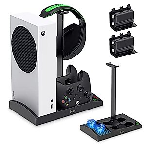 Auarte Upgraded Cooling Fan Stand for Xbox Series S Console,Wireless Controller Dual Charging Station Dock with 2 x 1400mAh Rechargeable Batteries Packs,Headset Holder for Xbox Series S,Black