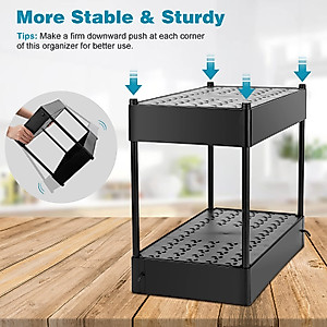 BlumWay 2 Pack Under Sink Organizers and Storage, 2 Tier Sliding Bathroom Cabinet Organizer, Multi-purpose Under Kitchen Sink Shelf with Hooks, for Bathroom/Kitchen Countertop