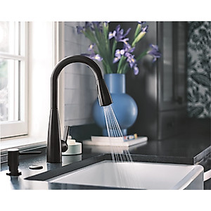 Moen Haelyn Matte Black Single-Handle Pull-Down Sprayer Kitchen Faucet Featuring Power Boost for a Faster Clean, Soap Dispenser Included, 87627BL