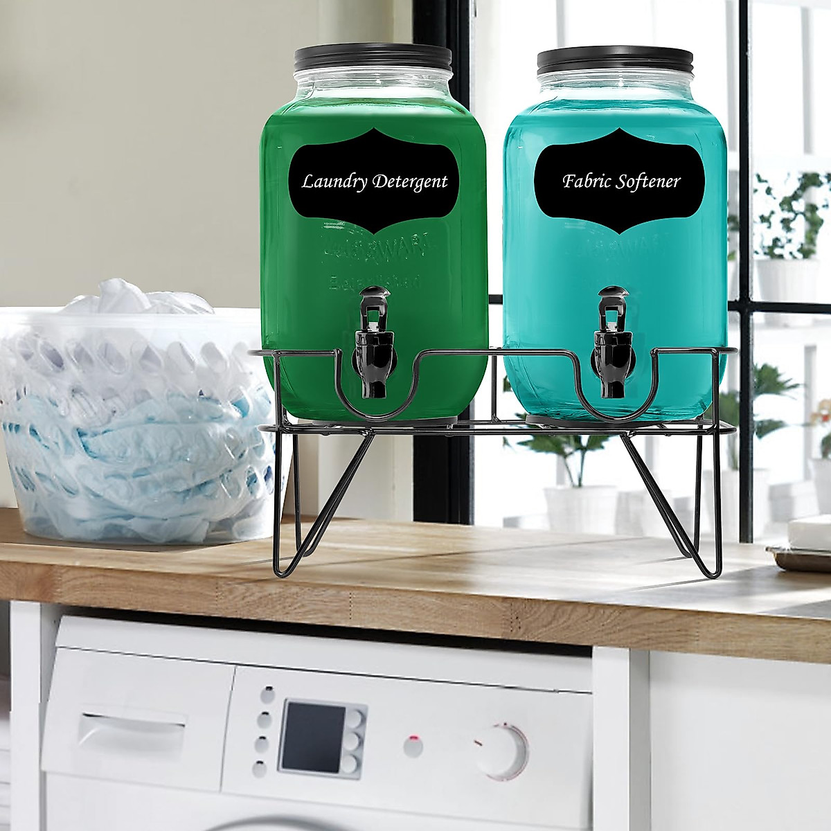 2-Pack glass drink dispenser - 1 Gallon Mason Jars w/Spout Faucets Screw Lid & Rubber Drip Mats - Liquid lemonade & beverage - Stand for Organizing party Decor & Storage