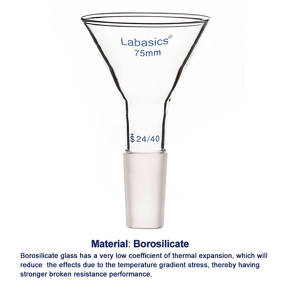 Labasics Glass Short Stem Powder Funnel with 75 mm Top Outer Dimension and 24/40 Inner Joint Filter Funnel Glass Funnel (OD 75mm)