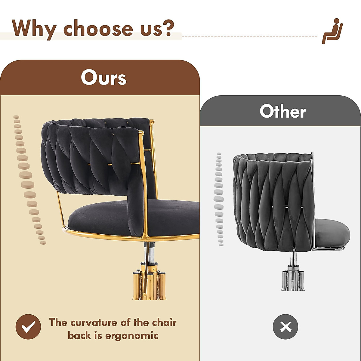 HOOLETE Velvet Desk Chair with Wheels, Modern Swivel Office Chair with Gold Base, Woven Accent Chair for Girls and Women, Vanity Chair with Back for Makeup, Black