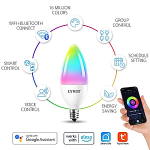 LVWIT Smart Light Bulb, B11 Smart Candelabra LED Bulb, E12 Base(12mm) WiFi Chandelier Light Bulb, Color Changing, Dimmable, Work with Alexa Home Amazon Echo, No Hub Required, 470 Lumen 4.9W 2 Pack