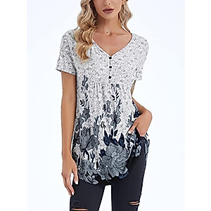 BAISHENGGT Women's V Neck Short Sleeve Buttons Pleated Flared Tunic Tops Grey - Peony XXL