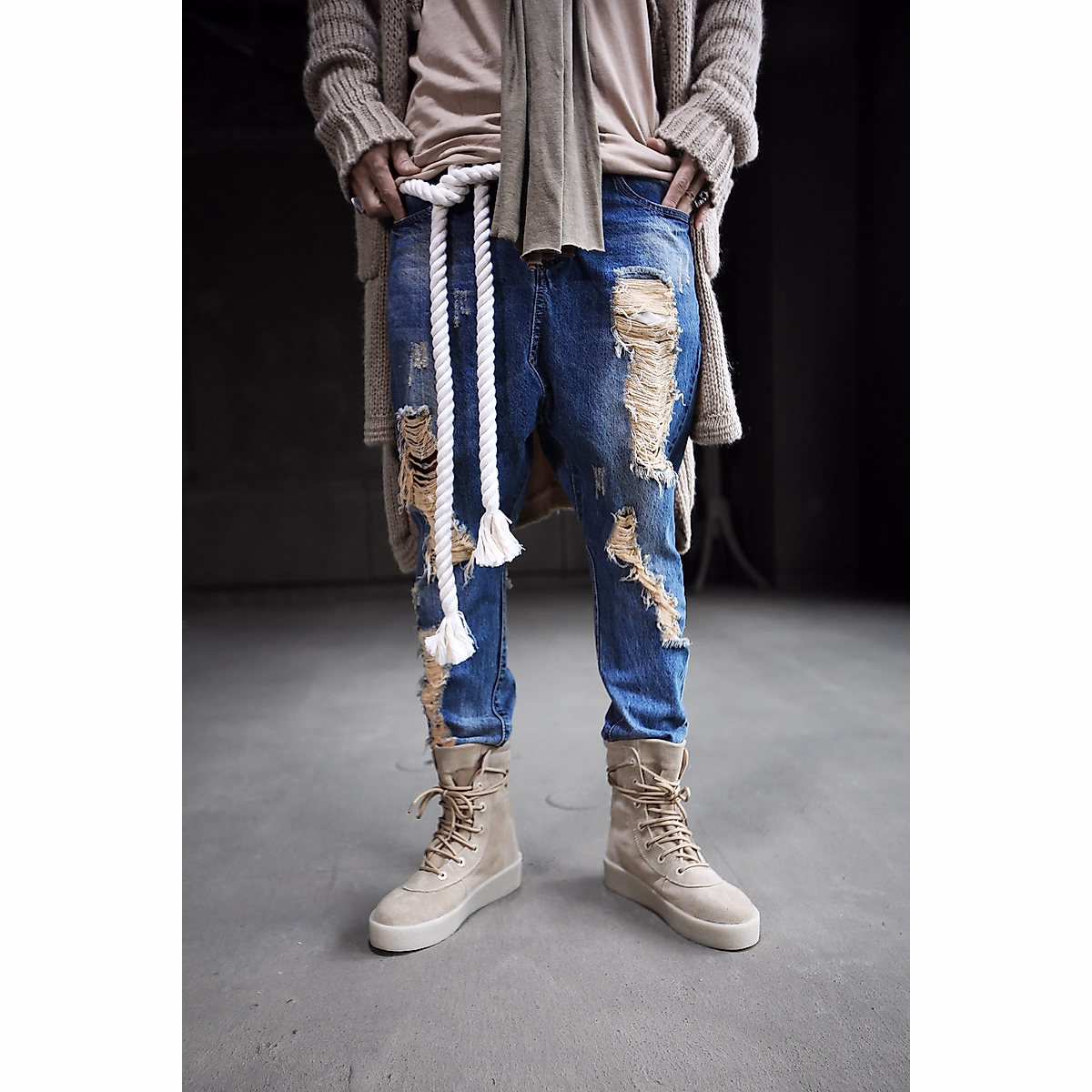 ByTheR Mens Rope Belt Fashion Gothic Style Twisted Shape Thick Adjustable Cotton Ivory