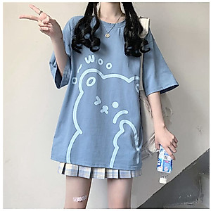 Tyadorw Women's Aesthetic Kawaii Bear Graphic Tee - Japanese Streetwear Harajuku Oversized T-Shirt (Blue, Medium)
