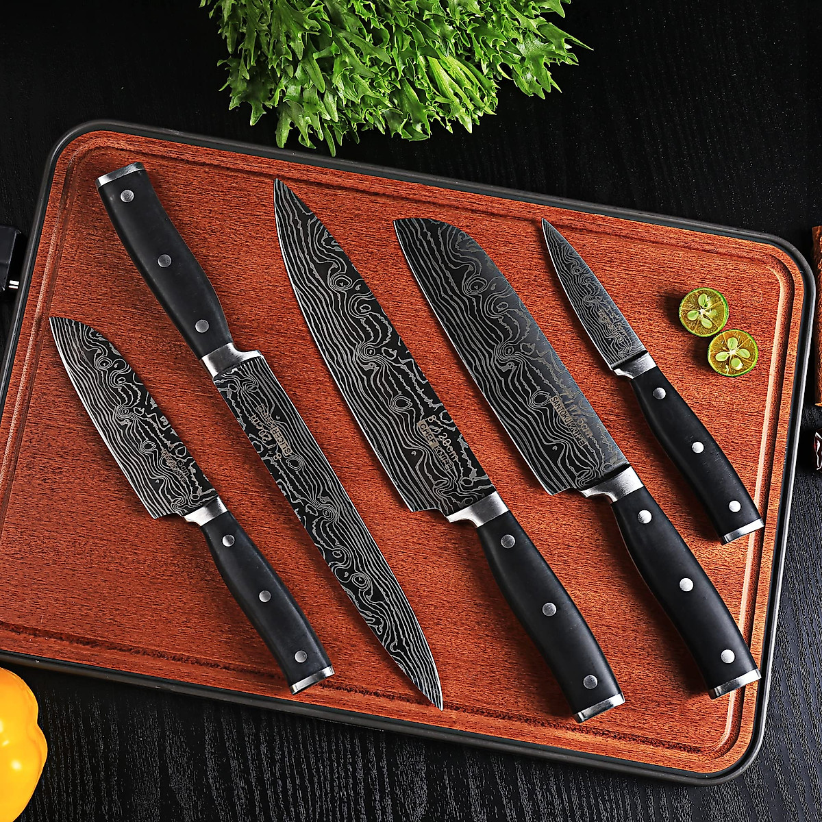 Kitchen Knife Sets, High Carbon Stainless Steel Knife Set with Wood Case, 5-Piece Chef Knives with Ergonomic Triple Riveted Handle, Rust-proof For Home and Restaurant Use, Easy to clean
