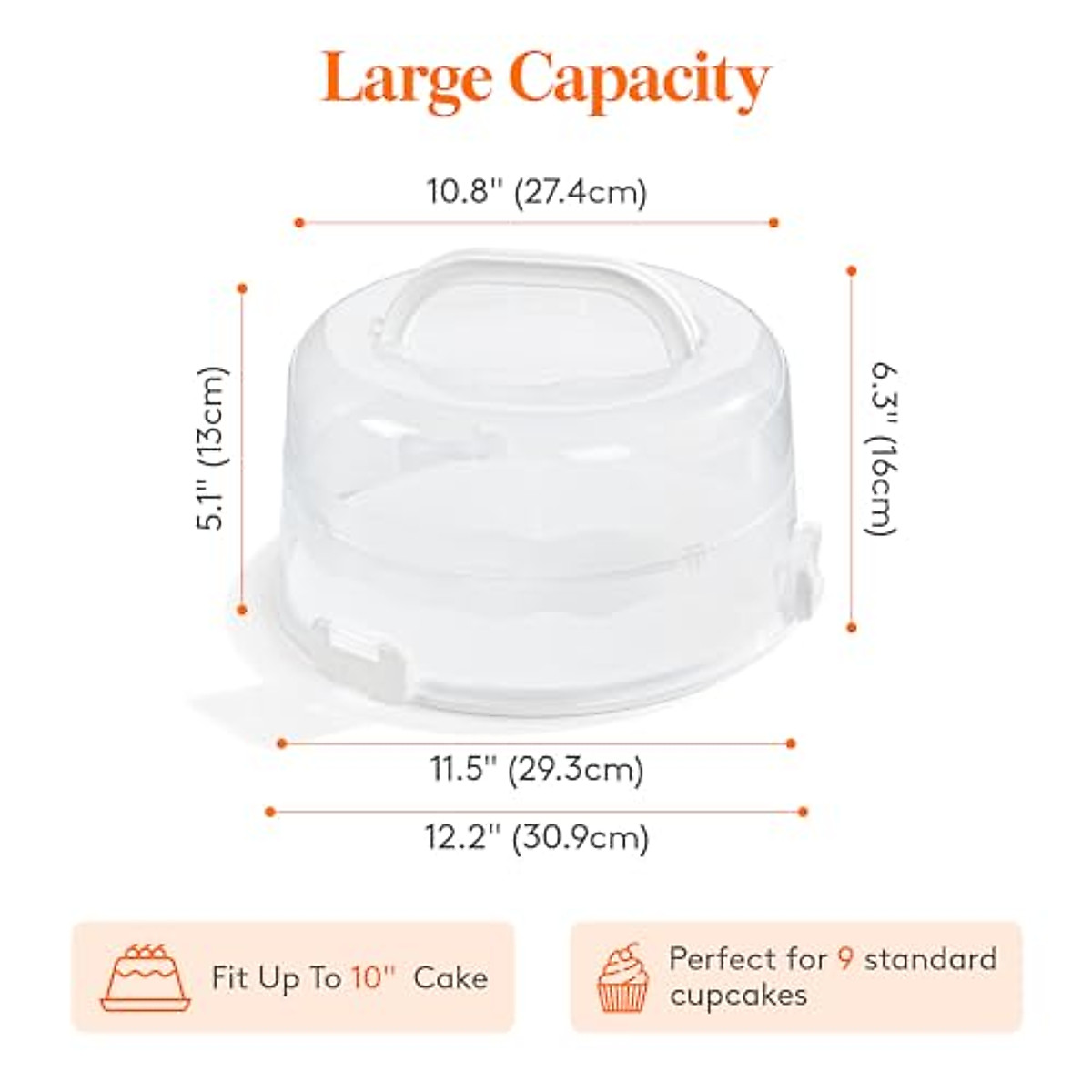 Lifewit Cake Carrier with Lid and Handle, Two Sided Cupcake Carrier Holder for 10” Cake or 9 Standard-Sized Cupcakes, Plastic Round Cake Transport Storage Container Stand for Pies and Cookies, White
