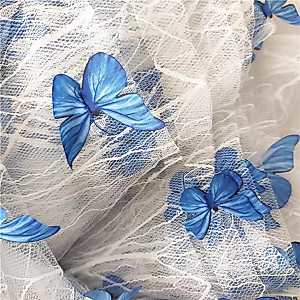 2Yards White mesh Blue Fantasy Butterfly Embroidery Lace White Mesh Fabric DIY Beautiful Creative Skirt Dress Decoration Fabric(White)