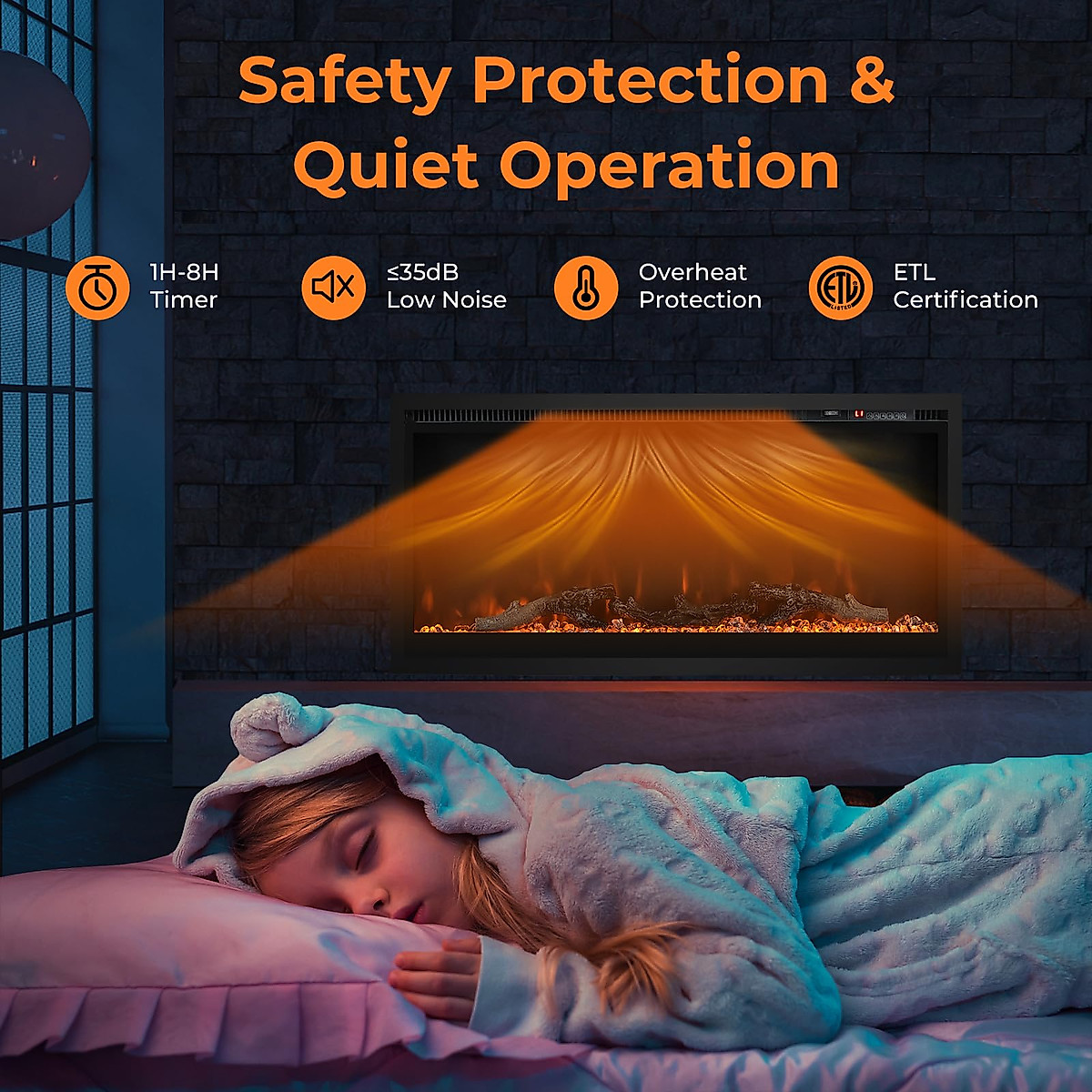 GOFLAME 36 Inch Electric Fireplace Recessed/Wall Mounted/Freestanding, Linear Electric Fireplace Heater Insert with Remote Control, Adjustable Flame Color & Brightness, Thermostat, Timer, 750W/1500W