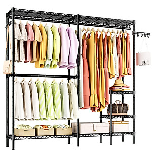 Heavy Duty Clothes Rack Clothing Rack for Hanging Clothes,Large Metal Garment Rack with 4 Tiers Adjustable Wire Shelves&3 Hanger Rods&2 Hooks,Freestanding Closet Wardrobe System,MaxLoad 800lbs