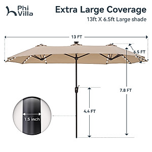 PHI VILLA 13ft Large Patio Umbrella with Solar Lights, Double-Sided Outdoor Market Rectangle Umbrella with 120 PCS LED Lights, Beige (No Base)