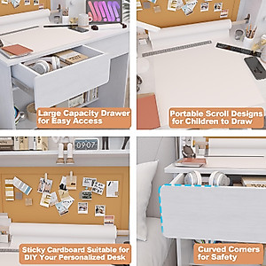SFDOU Childrens Drawing Desk with Wooden Tabletop Paper Roll Dispenser, White Kids Desk and Chair Set for 5-12 Year Old, Kids Study Table with Drawers and Storage Shelf-Kps1zi
