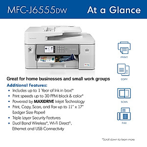 Brother MFC-J6555DW INKvestment Tank Color Inkjet All-In-One Printer with up to 1 Year of Ink In-box1 and 11” x 17” print, copy, scan, and fax capabilities