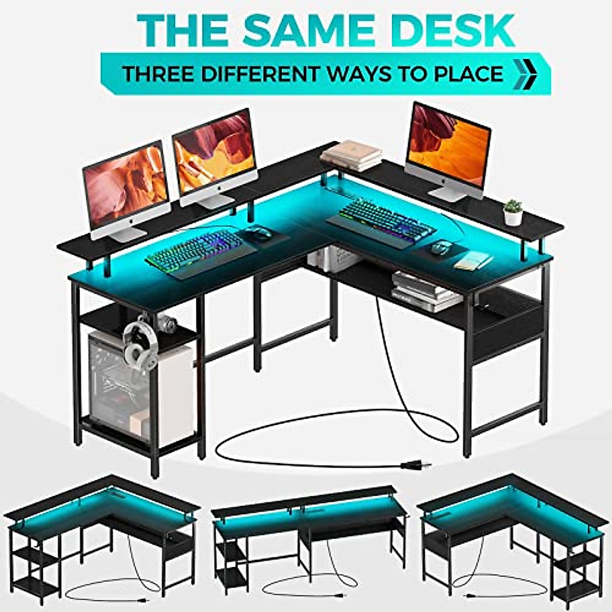 Rolanstar Computer Desk L Shaped with LED Strip & Power Outlets, Reversible L Shaped Computer Corner Desk with Monitor Stand, Home Office Gaming Desk with USB Port&Hook, Black