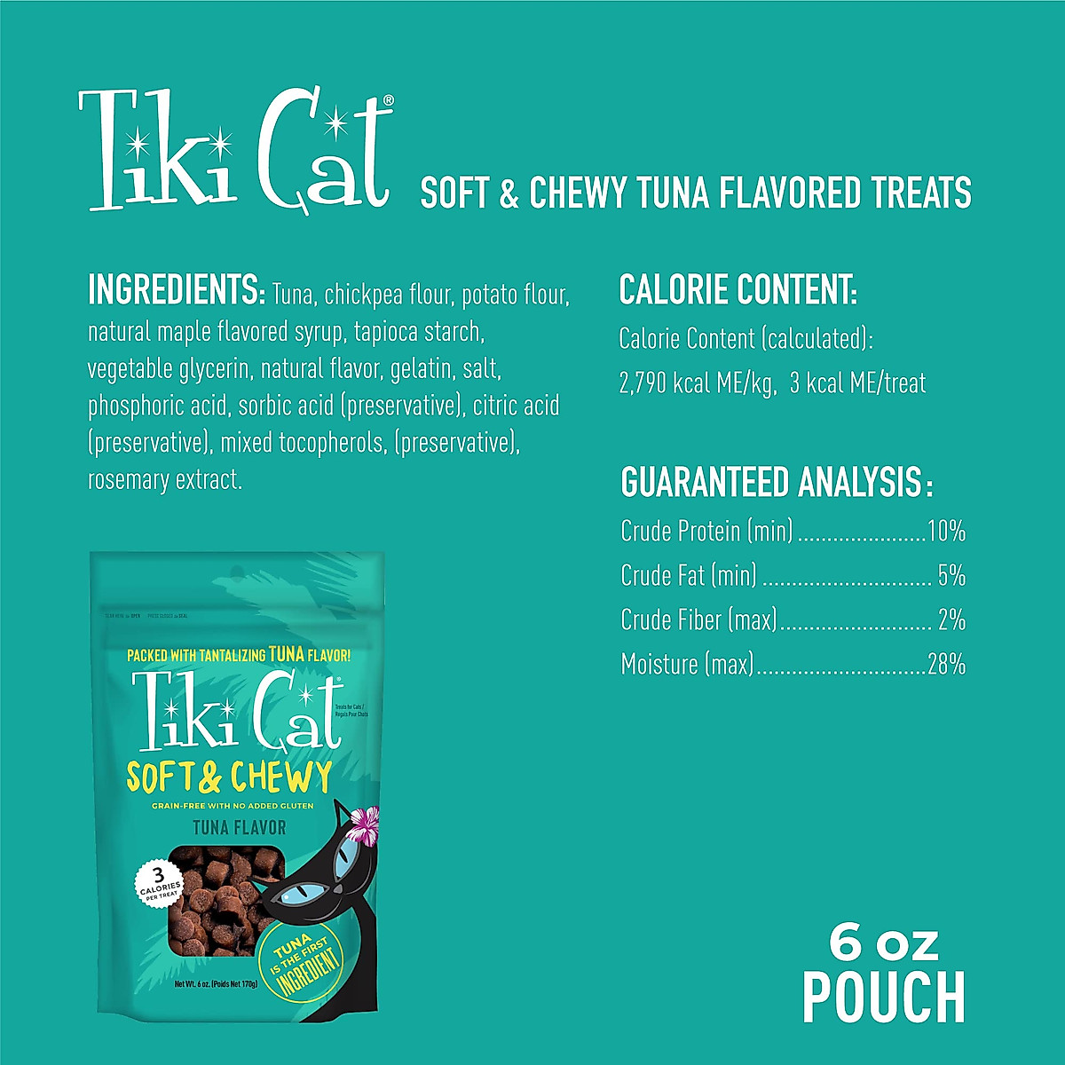 Tiki Cat Soft & Chewy Treats, Tuna Flavor, 3 Calories Per Treat with Grain-Free and No Added Gluten, 6 oz Pouch (Pack of 1)