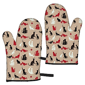Cat Oven Mitts Set of 2 Birthday Gifts for Cat Lovers Waterproof and Non-Slip Shape Printed Kitchen Women Men Cooking Barbecue Microwave (Oven Mitts Cat, Khaki Mittens)