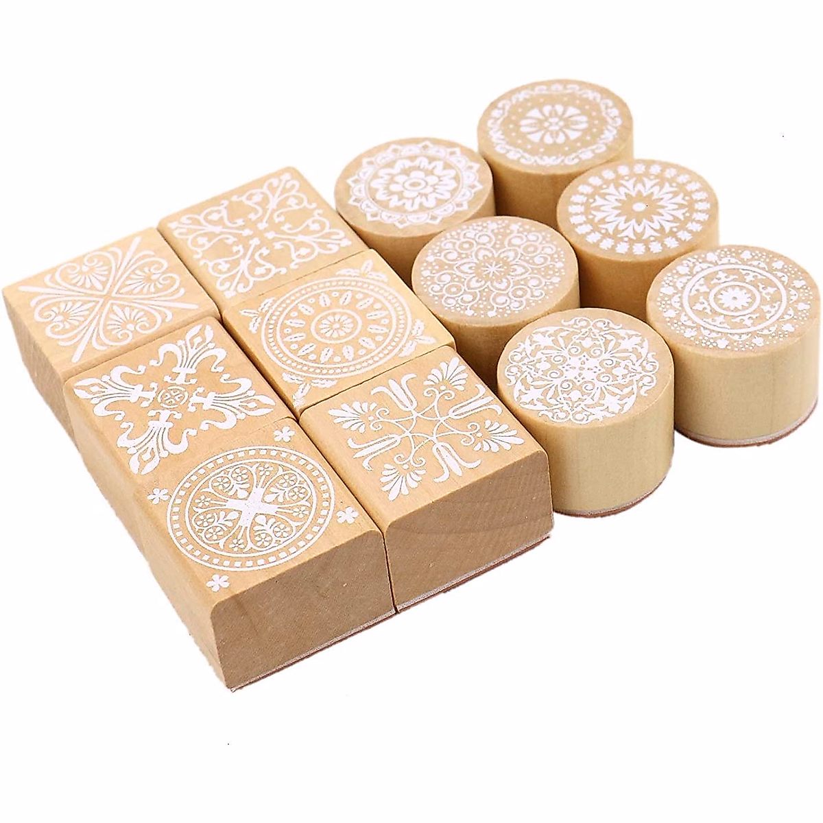 Waugve 12Pcs Wooden Stamps Floral Pattern Rubber Stamp Round and Square Lace Wooden Rubber Stamp for Scrapbooking and DIY Craft Card