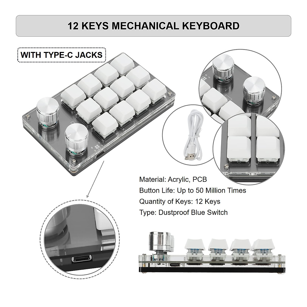 KUIDAMOS 12 Key Mini Mechanical Gaming Keyboard,Macro Keyboard Knob with Type C to USB Interface Mini One-Handed Mechanical Gaming Keypad One-Click Start for Linux OS X(White)