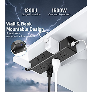 30W USB C Power Strip Surge Protector,Ultra Thin Flat Plug Power Strip 4 Side 12 Outlets,1 PD Fast Charing,2 USB-C, 2 USB-A(4 USB Total 40W),6ft Slim Extension Cord,16 in 1 Desk Power Bar,1200J Black