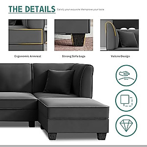 Shintenchi Reversible Modular Sectional Sofa Couch,116" Velvet U-Shaped Sectional Couch Sofa with Ottomans, 6 Pieces Modular Large Sectional Sofa Set for Living Room,Dark Gery
