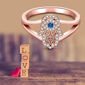 Evil Eye Hamsa Ring Hand of Fatima Rings for Women 925 Sterling Silver Protection Good Luck Spiritual Rose Gold Plated Blue Third Eye Jewelry Dainty Christmas Gifts Size 7