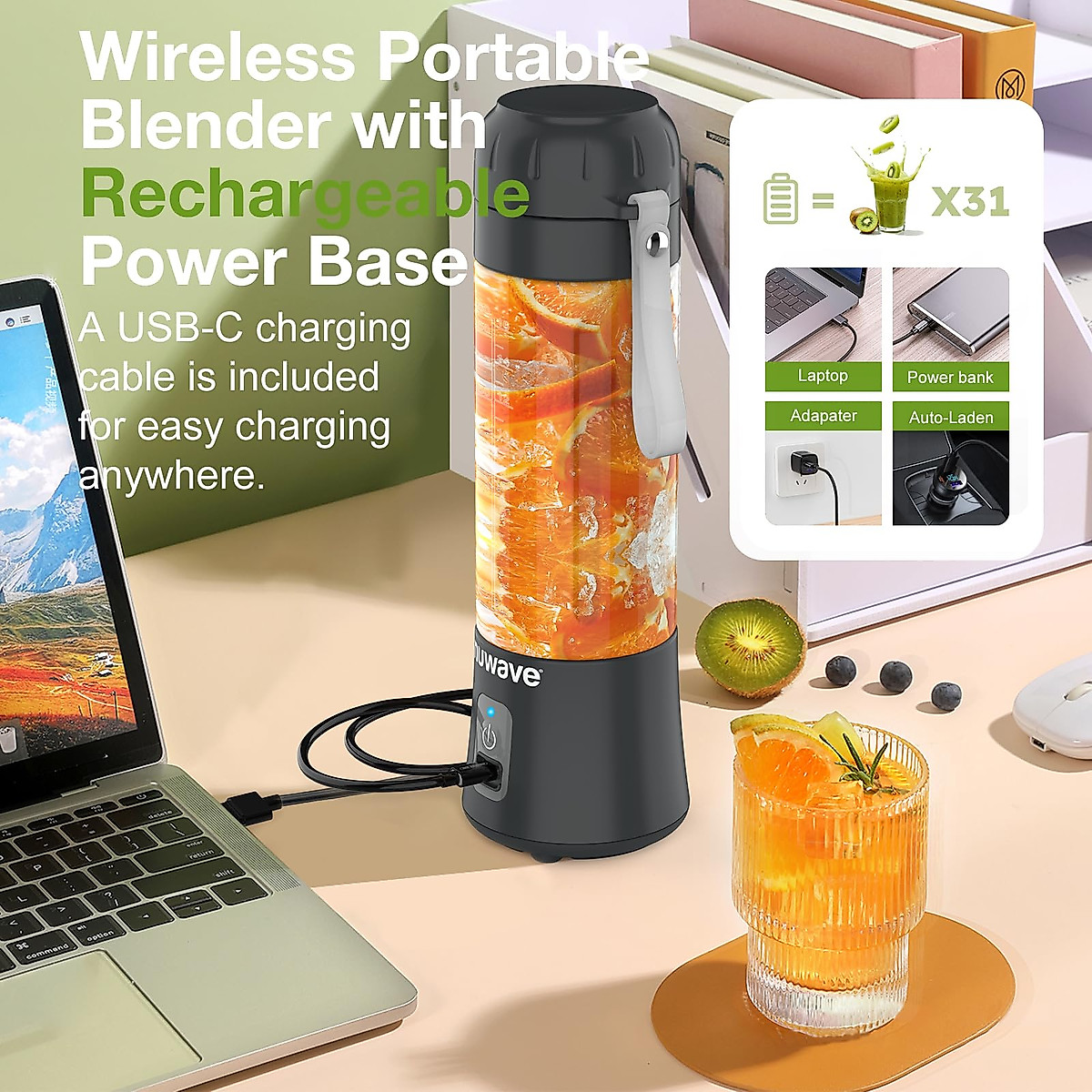 Nuwave Portable Blender for Smoothies and Shakes, 2025 New & Improved, 16 OZ On-The-Go Small Juice Blender with 6 Blades, Rechargeable Mini Blender, BPA-Free, Leak-Proof Lid, for Gym, Kitchen, Office