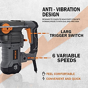 KSEIBI Variable Speed Rotary Hammer Drill 1-1/4 inch, SDS Plus Demolition Hammer for Concrete Drill 13Amp, 4 Functions Reduced Vibration System