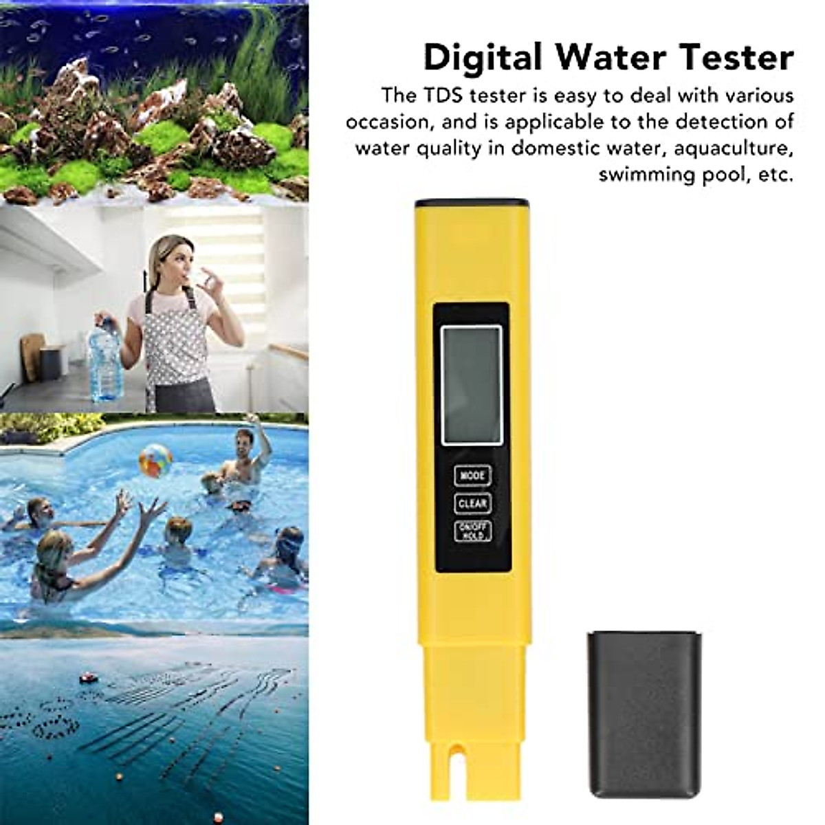 TDS Test Pen, Backlit Display TDS Tester High Accuracy Dual Color Prompt Automatic Temperature Compensation for Swimming Pool