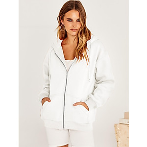Prinbara Women's 2023 Winter Coats Casual Jacket Oversized Sweatshirts Trendy Clothes Zip Up Y2K Hoodie with Pocket White 9PA89-baise-S,JM23