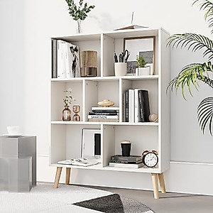 DIFY Wooden Bookcase 7 Cube Open Bookcase with Legs, Display Bookshelves Storage Organizer Shelf for Living Room, Home Office and Bedroom, White