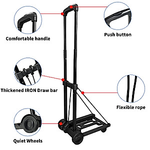 Folding Hand Truck Lightweight Portable Cart,VDHU 2 Wheels Fold Up Hand Cart with Elastic Ropes,Compact Utility Cart with 40kg/90lbs Heavy Duty 2 Wheels for Moving Travel Shopping Office Luggage Use