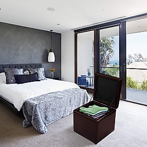 Giantex 16” Cube Ottoman Pouffe Storage Box Lounge Seat Footstools W/Hinge Top and Bottom Feet Home Living Room Bedroom Furniture Storage Ottoman 16”×16” ×16”Footrest (Red Brown)