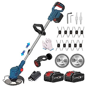 Weed Eater Cordless Weed Wacker Battery Operated 2000mAh, Lightweight String Trimmer with 2 Batteries, 1 Charger, 3 Types Blades, 1 Wheels, Edger Lawn Tool for Garden and Yard (Blue)