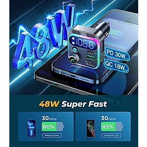 2022 Bluetooth 5.3 FM Transmitter for Car, JOYROOM [Stronger Dual Mics & HiFi Deep Bass Sound] , 48W PD&QC3.0 Bluetooth Car Adapter, Hands-Free Calling, Larger LED, AUX Output & U Disk