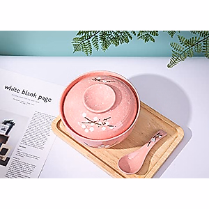 LLDAYU Japanese Creative Hand-Painted Ceramic Bowls with Soup Spoon, Large 27.5 OZ ramen bowls/Soup bowls,with Heat Preservation Function, and Suitable for Microwave Oven, and Dishwasher- pink